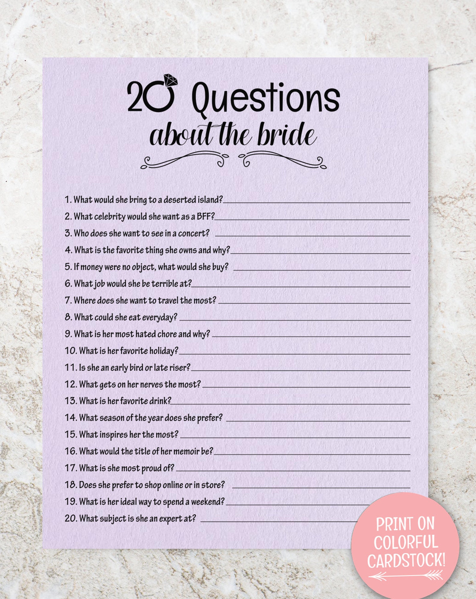 20 Questions About the Bride Bridal Shower Game, Bridal Shower Games ...