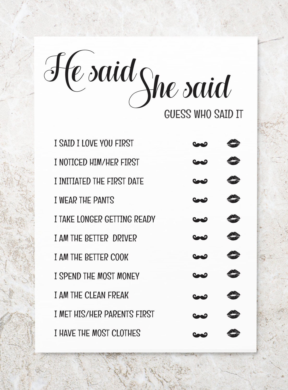 He Said She Said Bridal Shower Game Who Said the Phrase Game - Etsy Canada