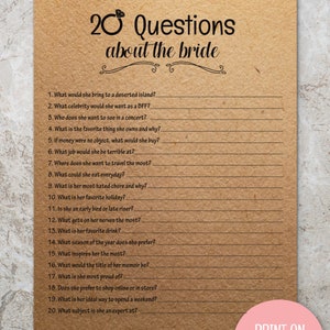 20 Questions About the Bride Bridal Shower Game, Bridal Shower Games ...