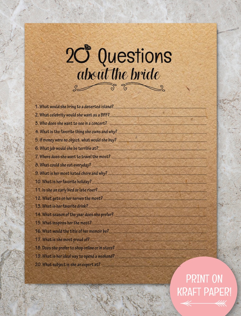 20 Questions About the Bride Bridal Shower Game, Bridal Shower Games ...