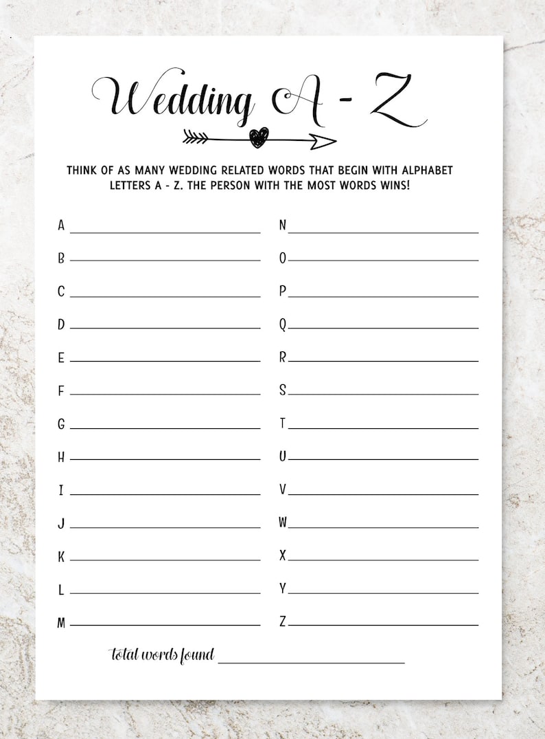 Wedding A-Z Game, Bridal Alphabet Game, Bridal Shower Games, Printable ...