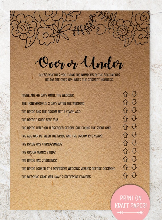 Over or Under Bridal Shower Game Printable Rustic Games | Etsy