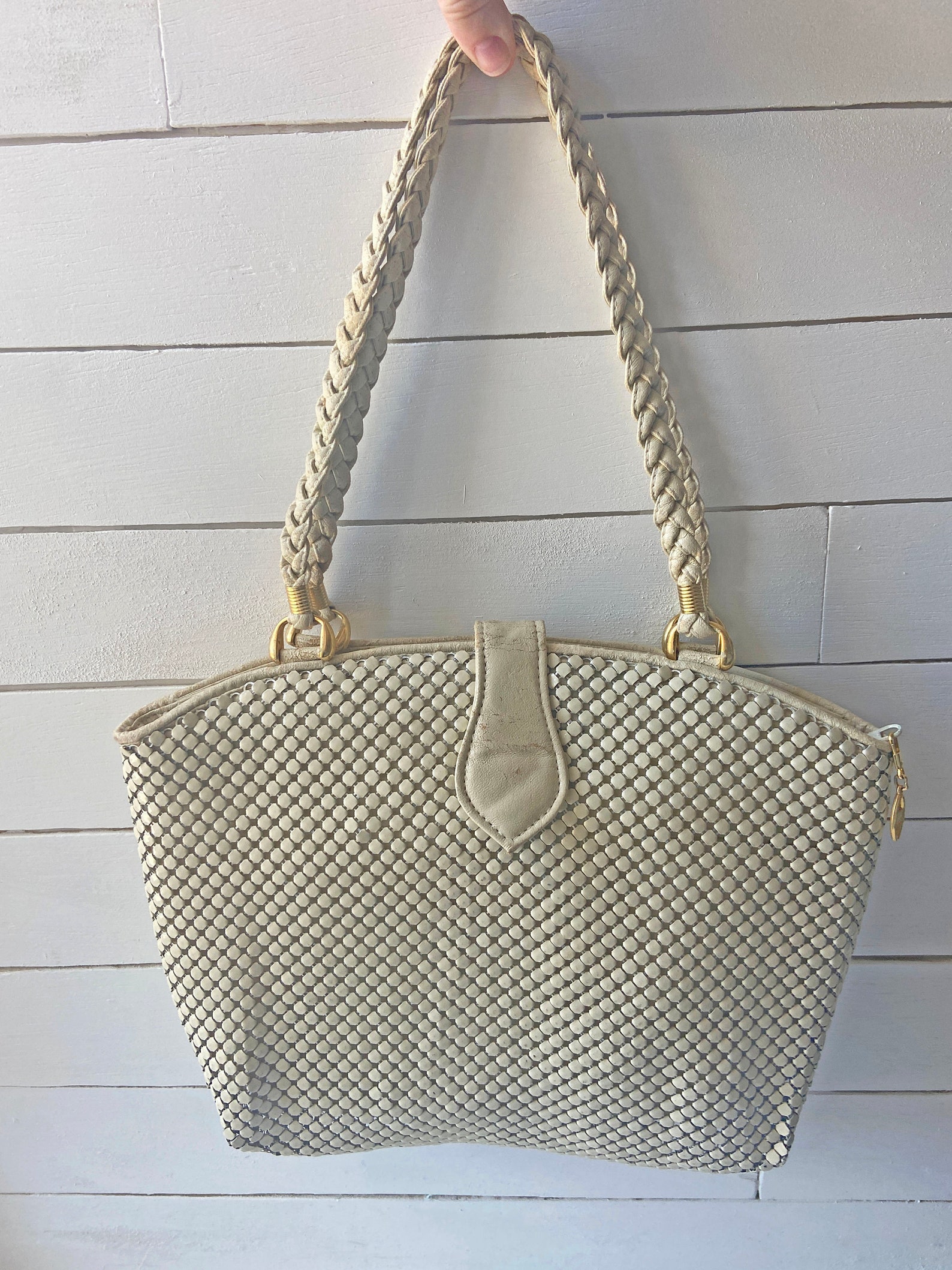 Vintage White Metal Mesh Bag With Braided Handle Gold Accents | Etsy
