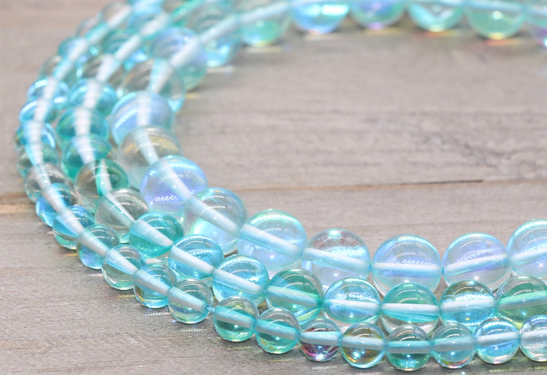 Mint Moonstone Beads, Blue Smooth Holographic Round Beads, Mystic Aura ...