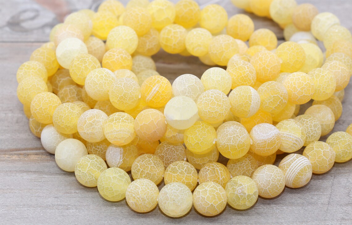 Matte yellow weathered agate beads Crackled agate beads Round | Etsy