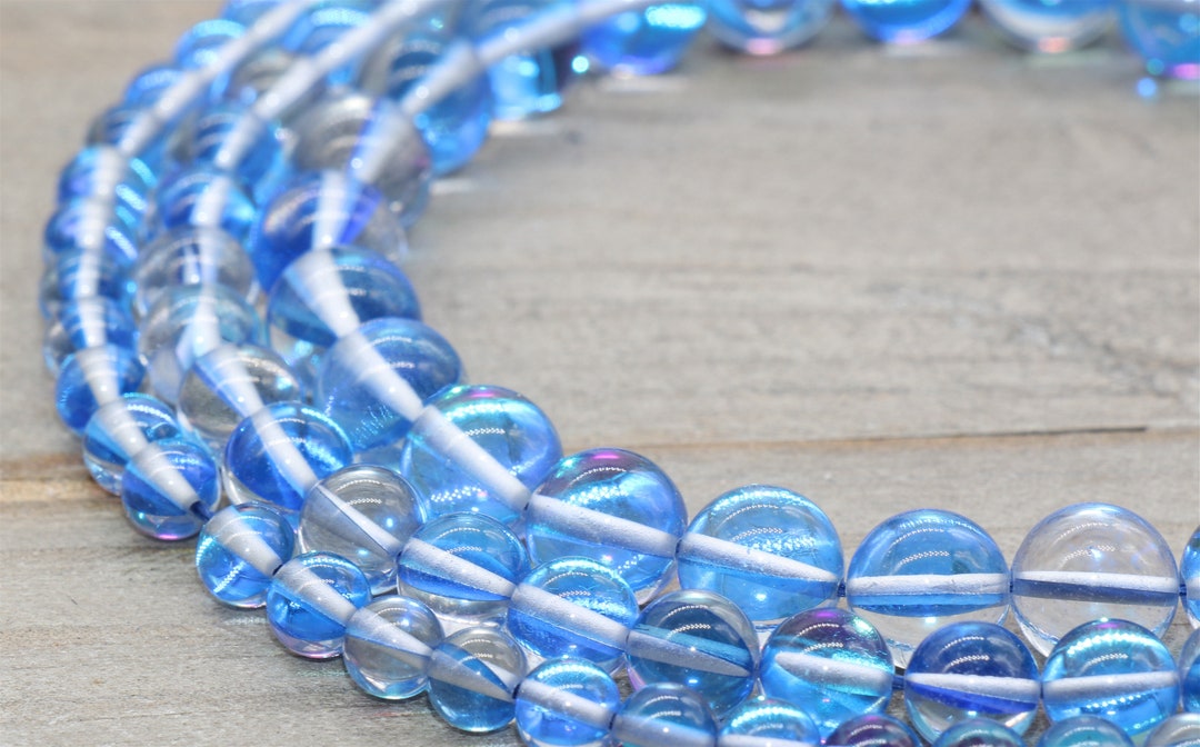 Blue Moonstone Beads, Smooth Holographic Round Beads, Mystic Aura ...