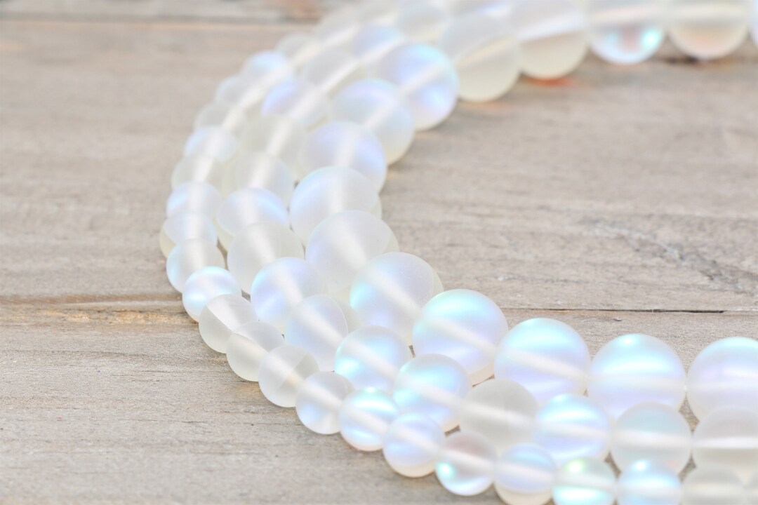 Matte White Moonstone Beads, Frosted Holographic Round Beads, Mystic ...