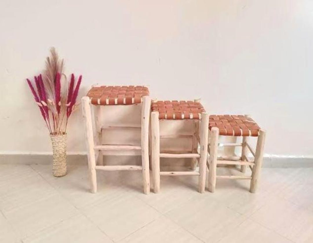 Boho Kitchen Island Seating, Handmade Leather Bar Stool, Rustic Wood ...
