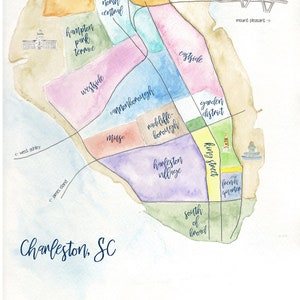 Charleston Neighborhood Watercolor Map - Etsy