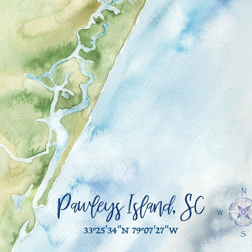 Pawleys Island SC Map Landmark Print Illustrated Watercolor - Etsy