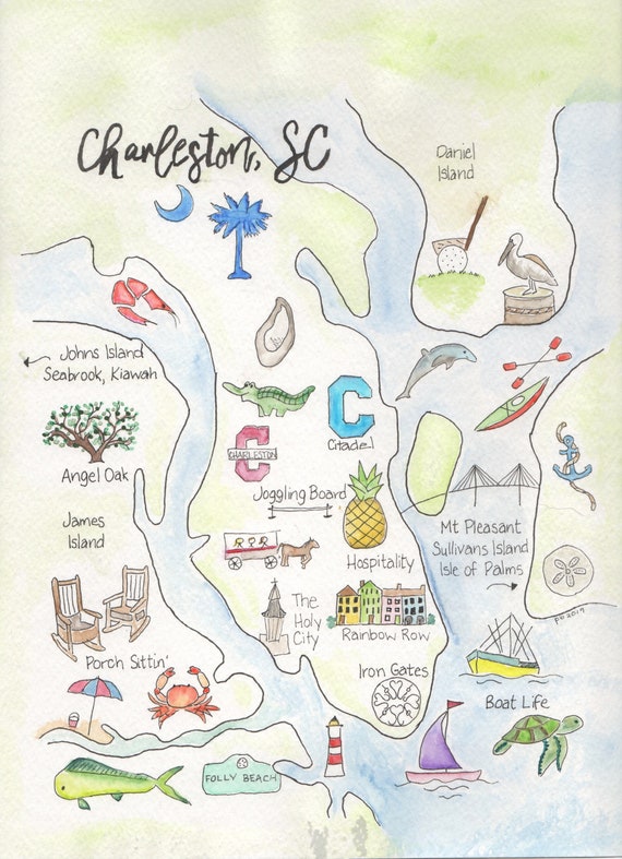 Charleston Illustrated Watercolor Map | Etsy