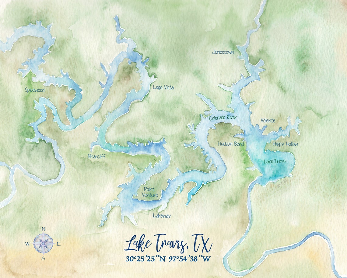 Lake Travis TX Watercolor Map | Etsy