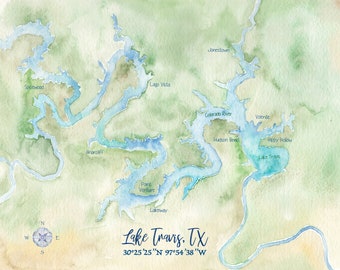 Lake Travis Texas Printable Map, Lake Travis Wall Art, Lake Travis Map ...