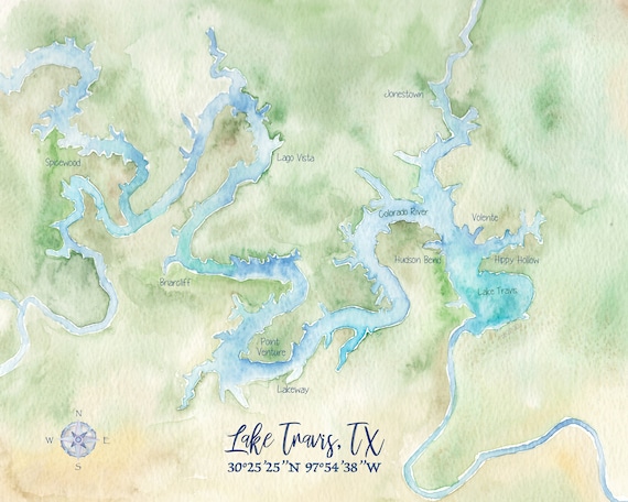Lake Travis TX Watercolor Map | Etsy
