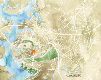 Clemson Map Art, Watercolor Print, Clemson South Carolina, Graduation ...