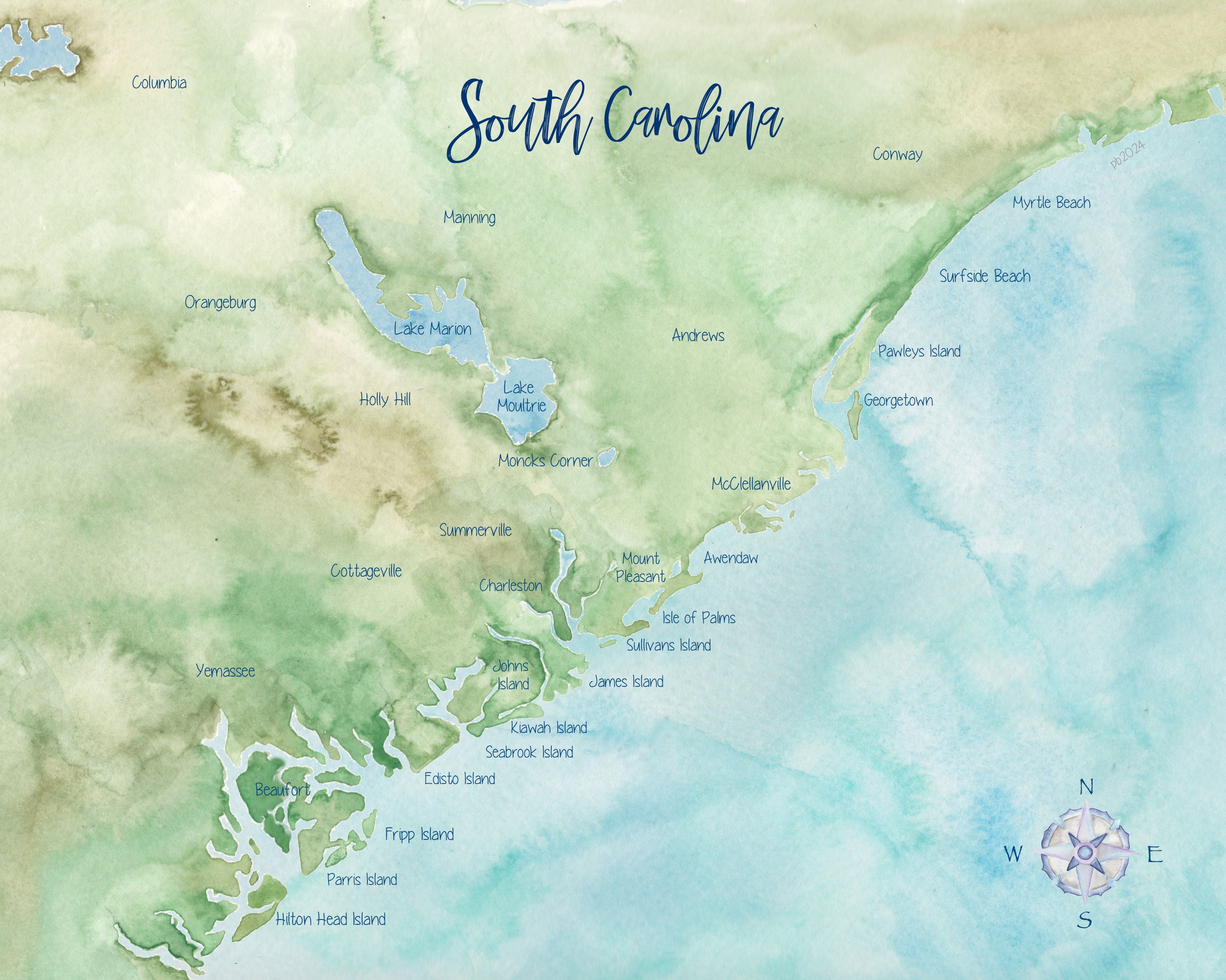 South Carolina Coast Watercolor Map, Customizable Gift - Etsy