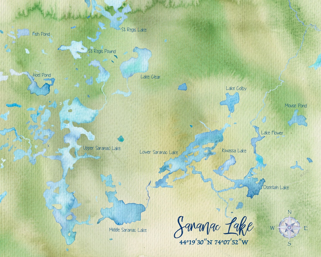 Saranac Lake NY Watercolor Map - Etsy
