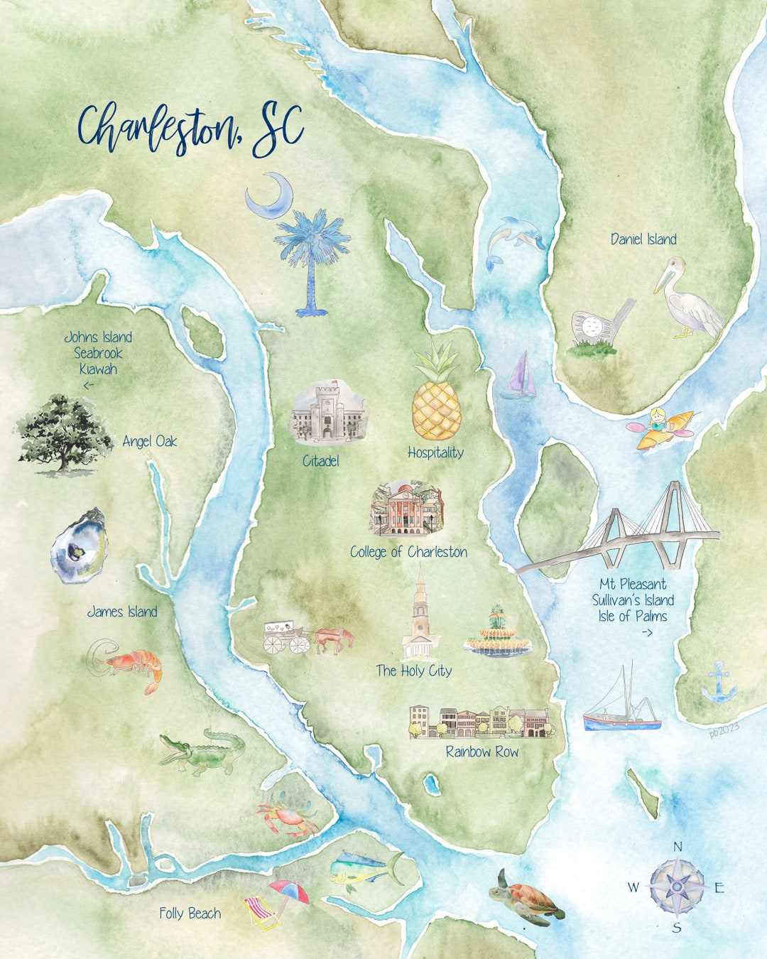 Charleston Illustrated Watercolor Map - Etsy