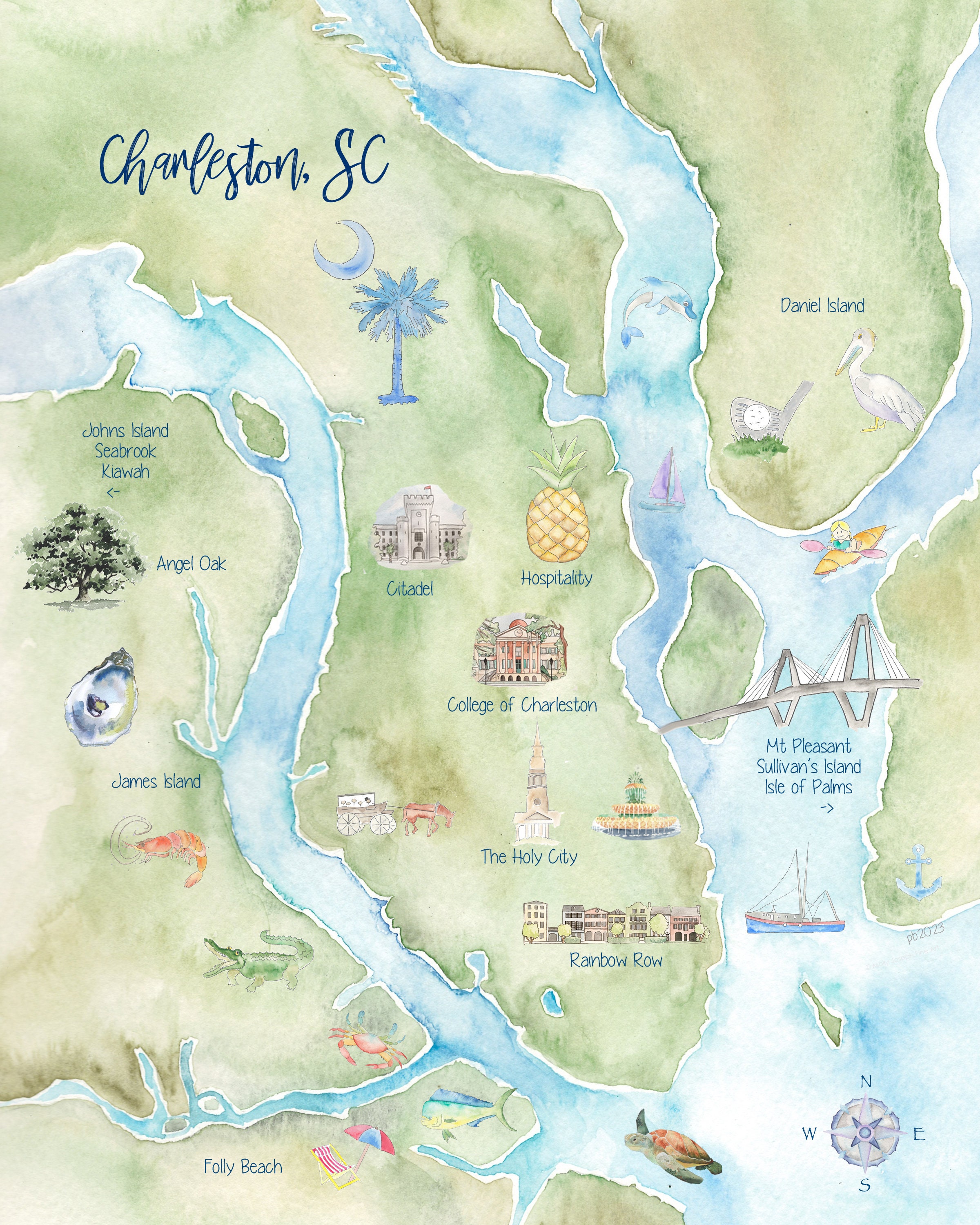 Charleston Illustrated Watercolor Map - Etsy