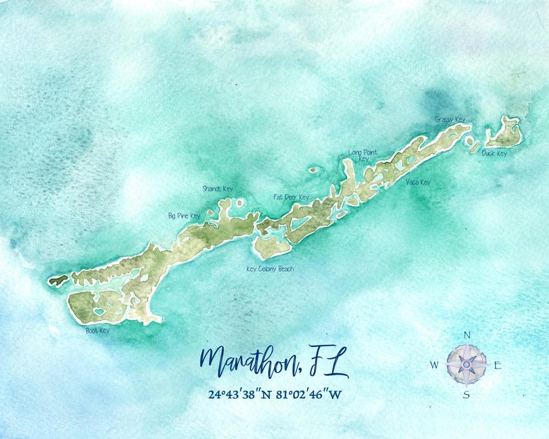 Marathon Florida Keys Watercolor Map - Etsy