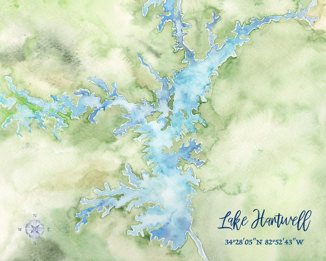 Lake Hartwell SC GA Watercolor Map - Etsy