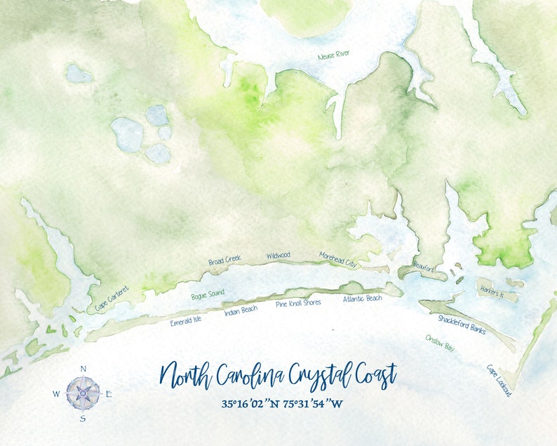 Crystal Coast NC Watercolor Map - Etsy