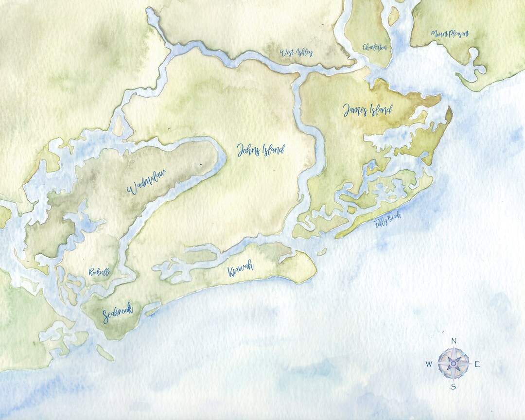 John, James, Seabrook, Kiawah Islands to Mount Pleasant Watercolor Map ...