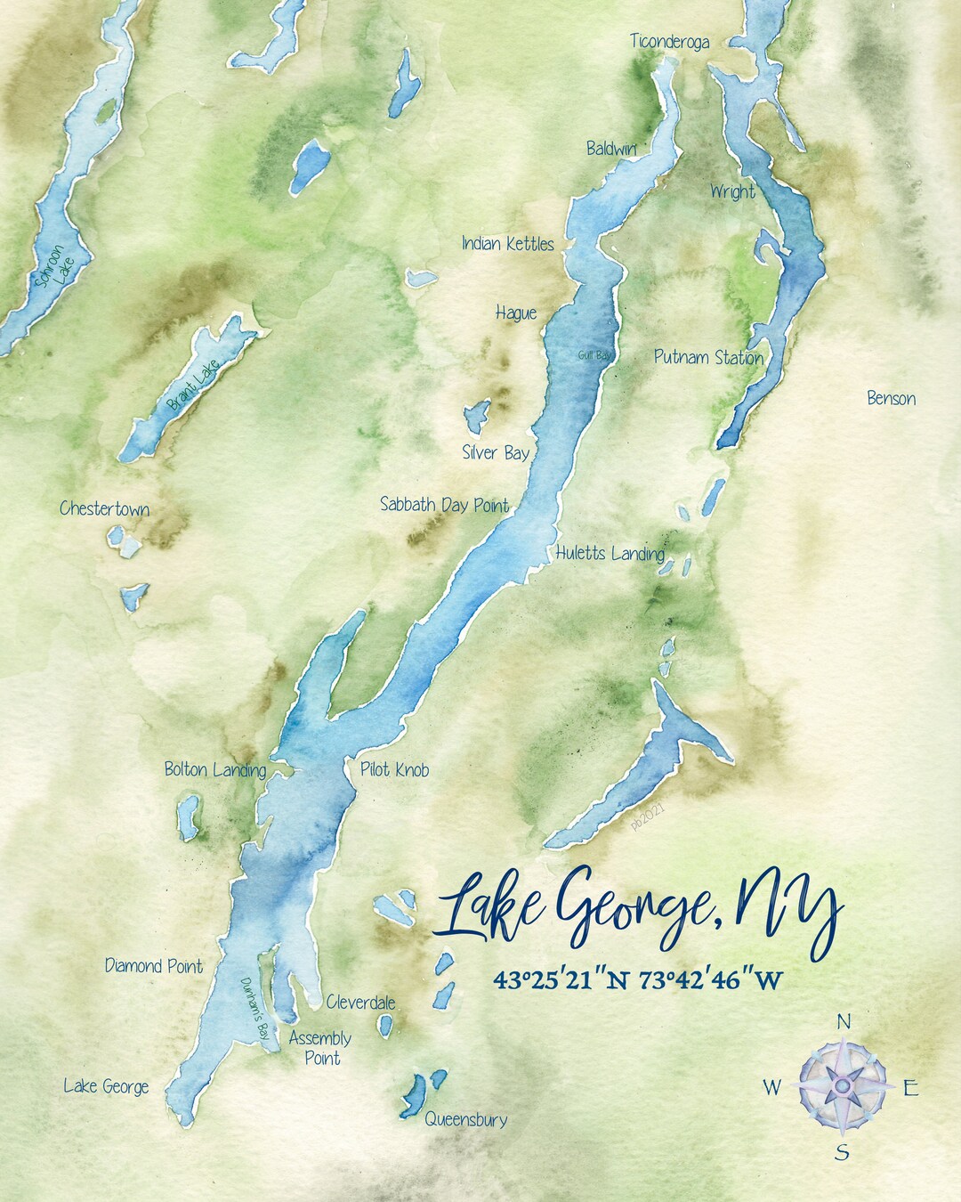 Lake George NY Watercolor Map - Etsy
