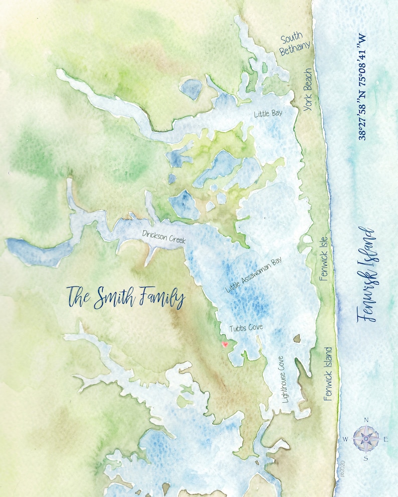 Fenwick Island DE Watercolor Map 8x10 | Etsy
