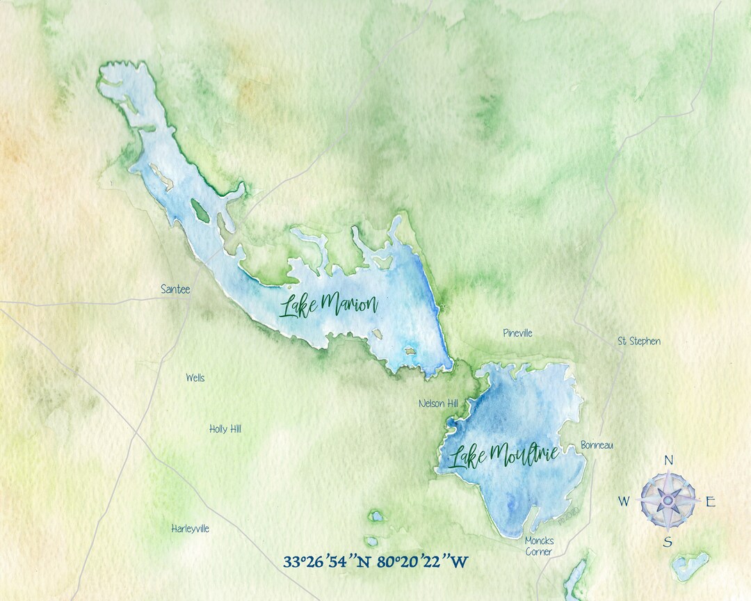 Lake Marion Lake Moultrie Watercolor Map - Etsy