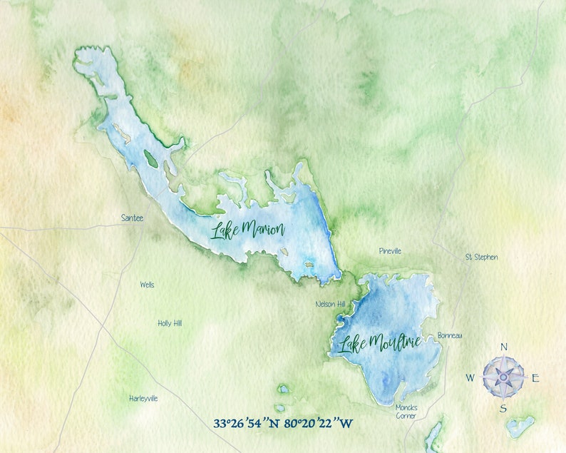 Lake Marion Lake Moultrie Watercolor Map - Etsy
