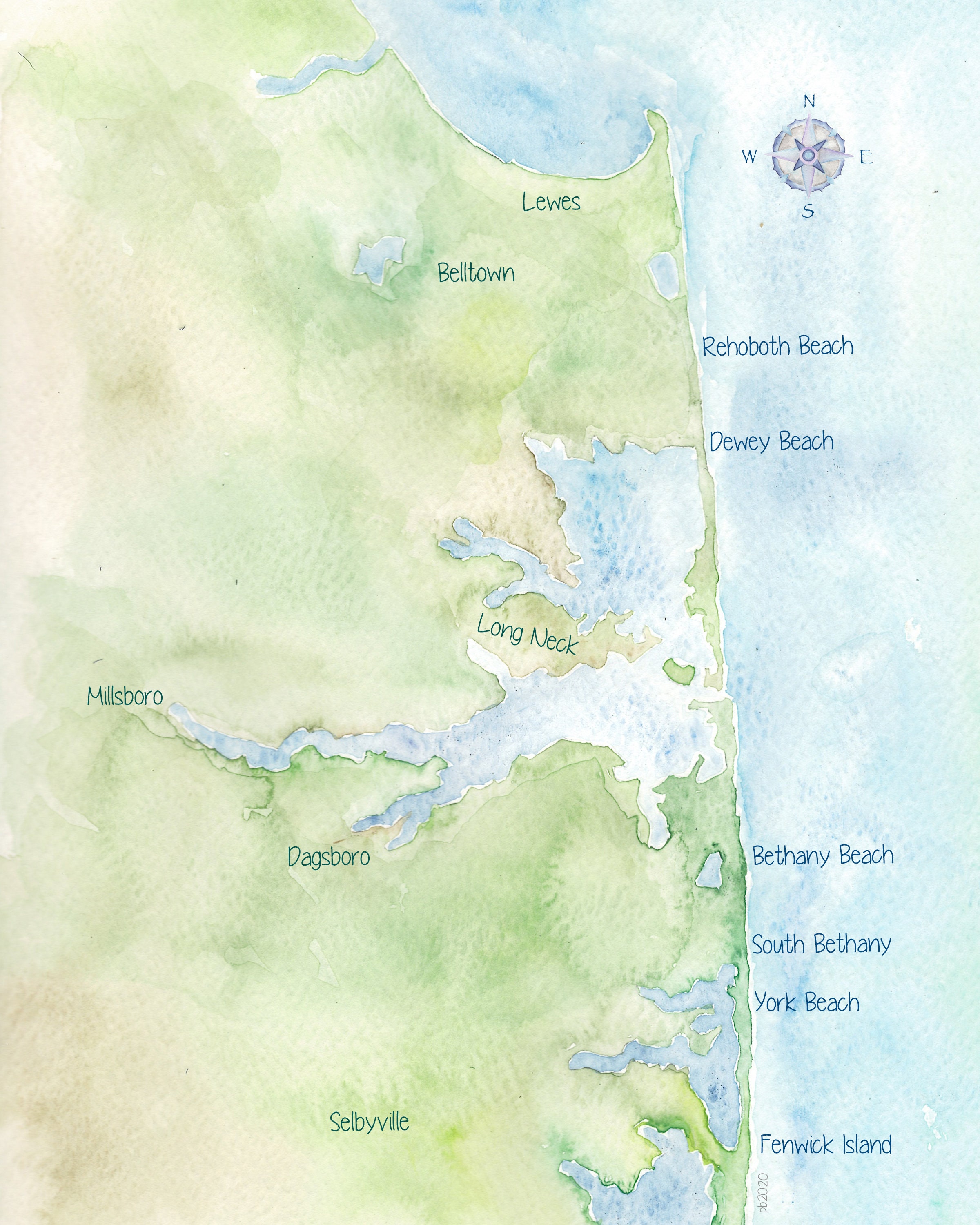 Rehoboth Bethany Beach DE Watercolor Map 8x10 | Etsy