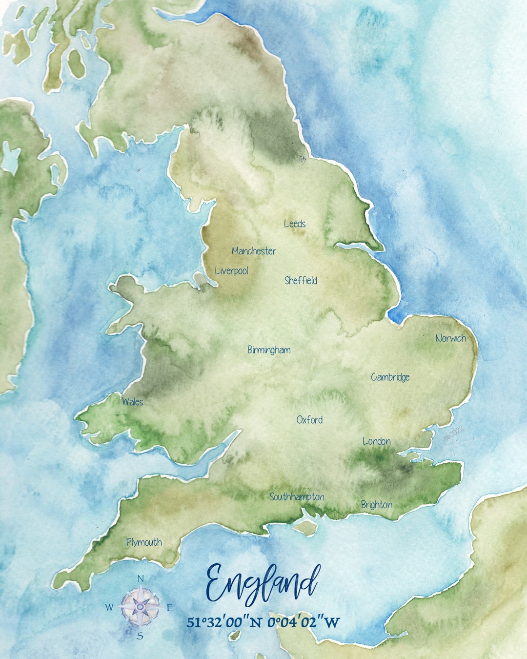 England Watercolor Map - Etsy