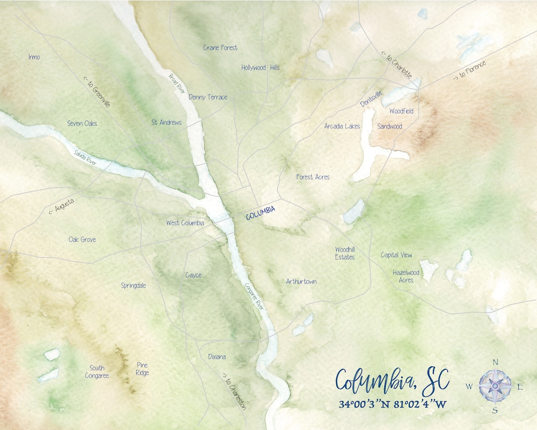 Columbia SC Watercolor Map - Etsy