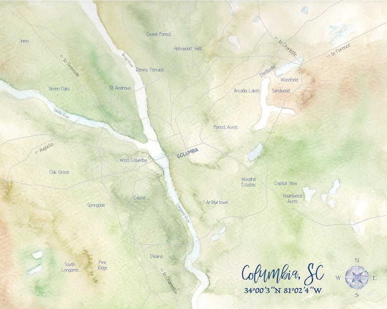Columbia SC Watercolor Map - Etsy