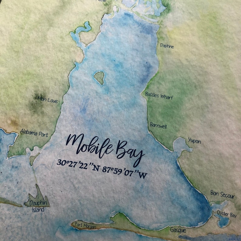 Mobile Bay Watercolor Map - Etsy