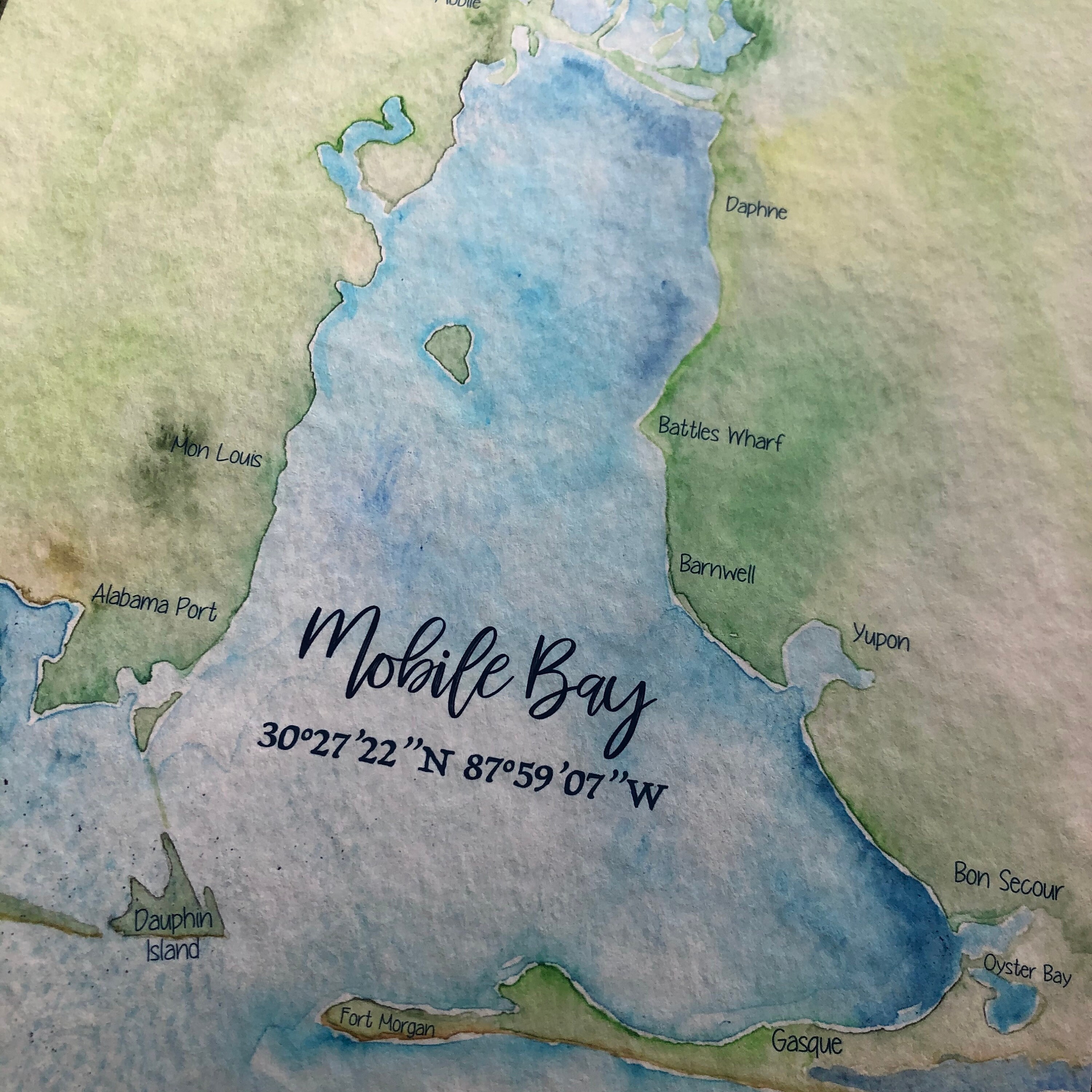 Mobile Bay Watercolor Map 8x10 | Etsy