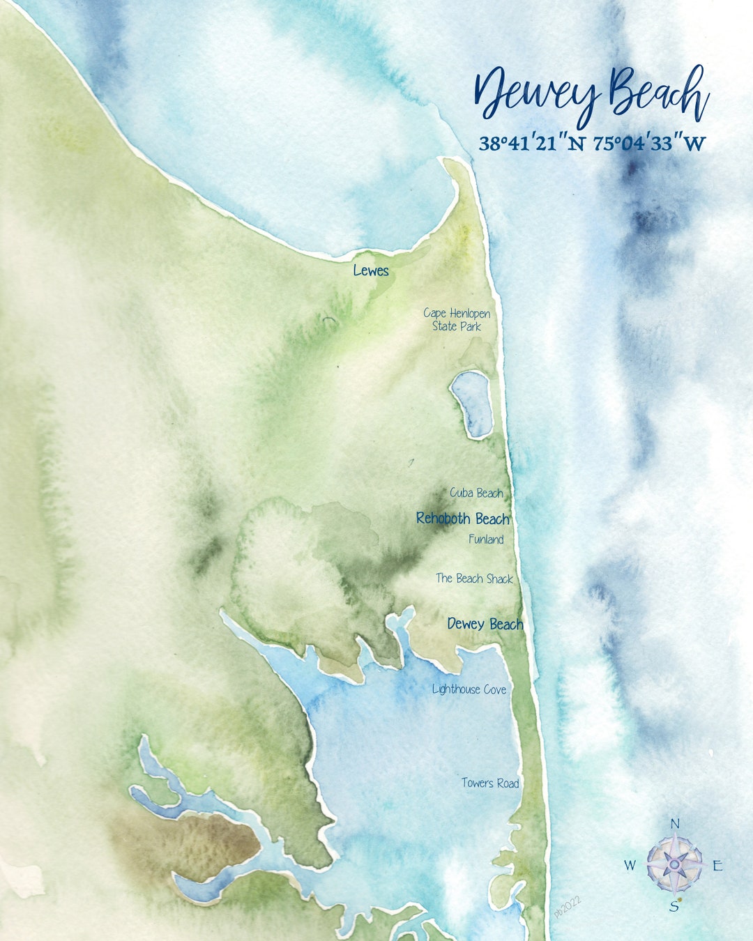 Dewey Rehoboth Beach DE Watercolor Map - Etsy