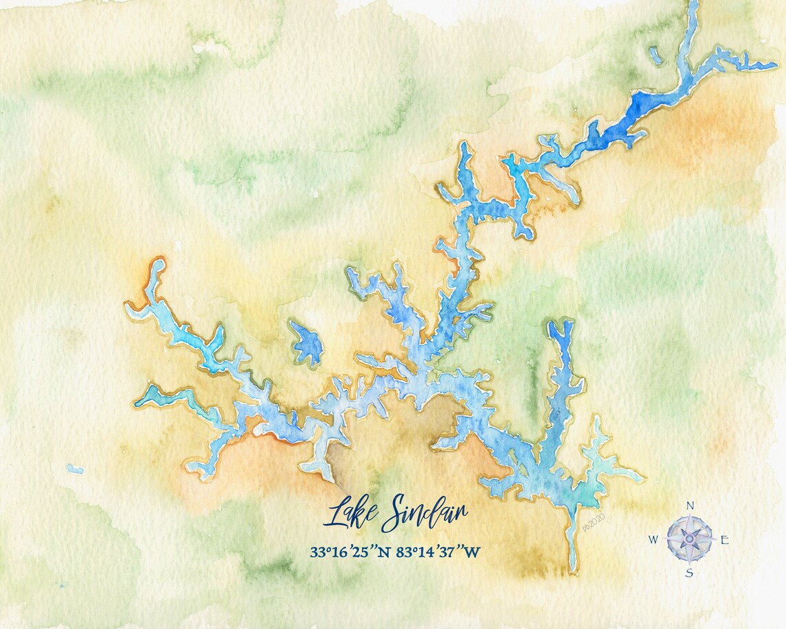 Lake Sinclair GA Watercolor Map - Etsy
