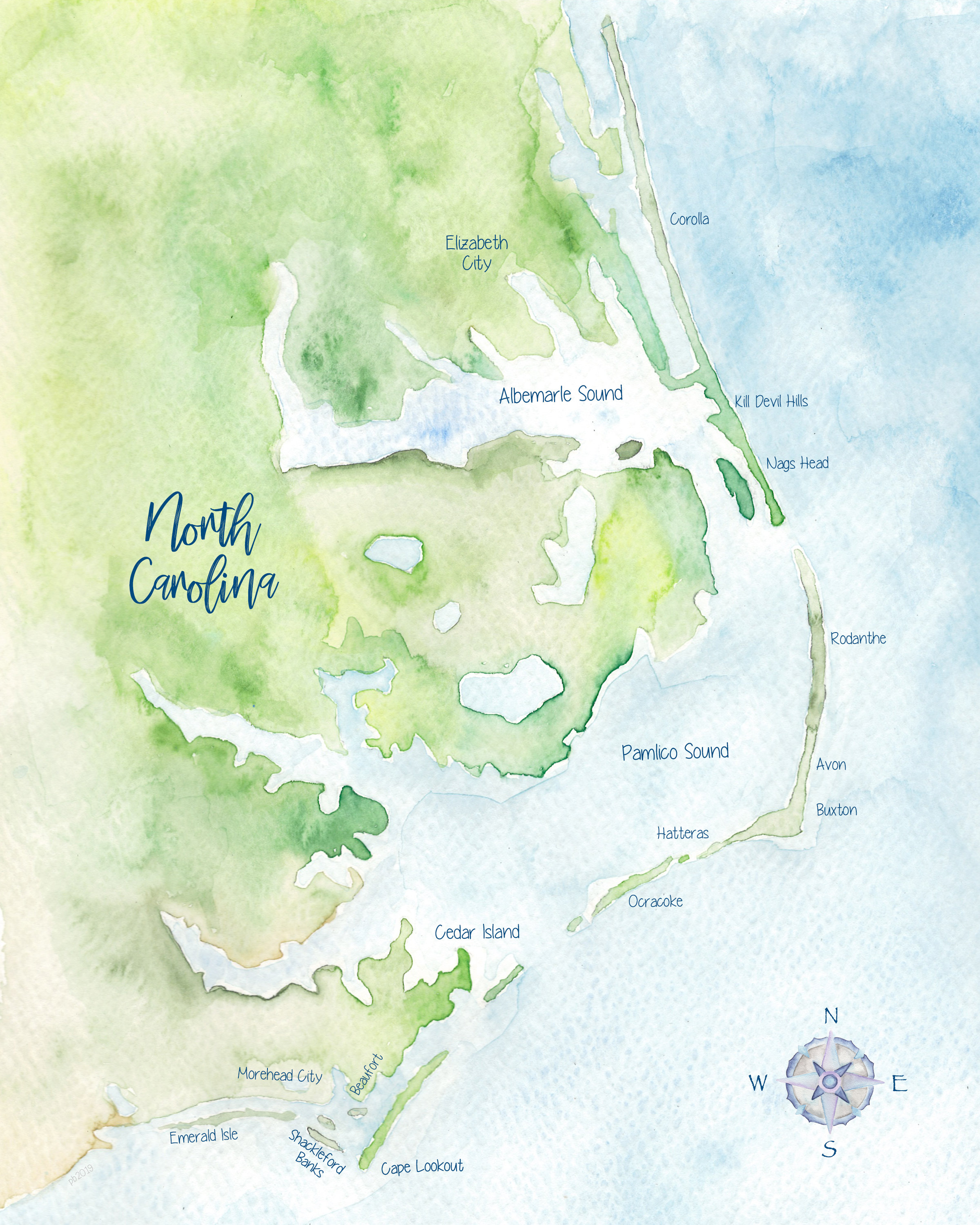 Coastal NC Watercolor Map - Etsy