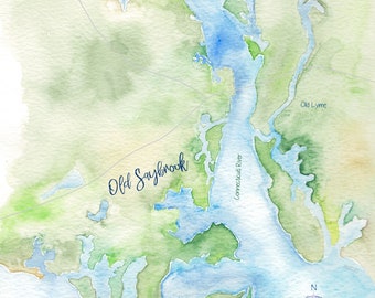 Old Saybrook CT Watercolor Map | Etsy