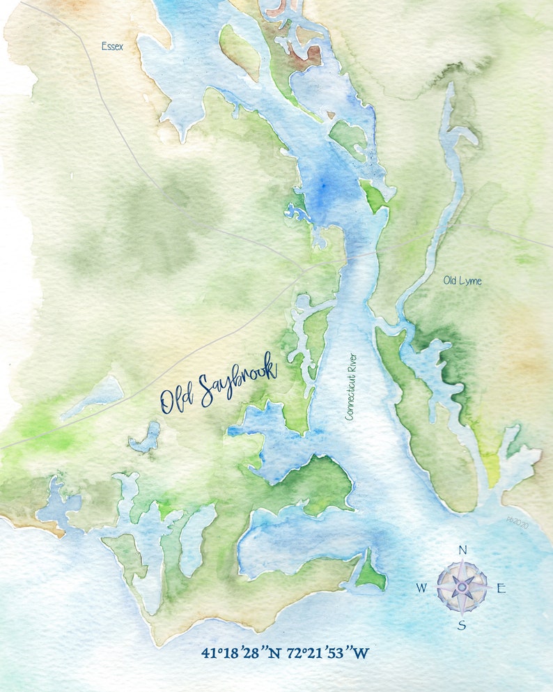 Old Saybrook CT Watercolor Map | Etsy