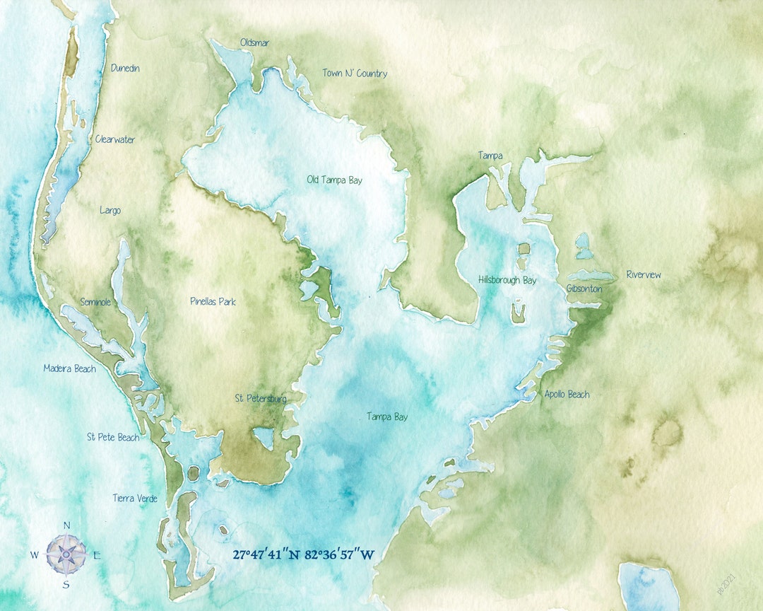 Tampa Bay FL Watercolor Map - Etsy
