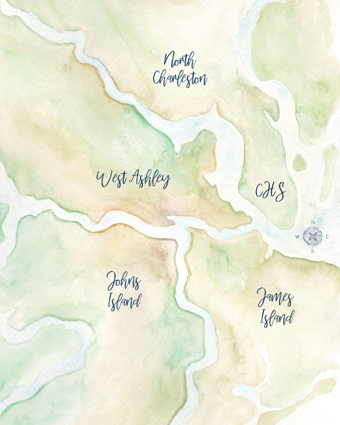 West Ashley SC Watercolor Map 8x10 - Etsy