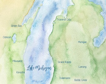 Lake Michigan Watercolor Map | Etsy