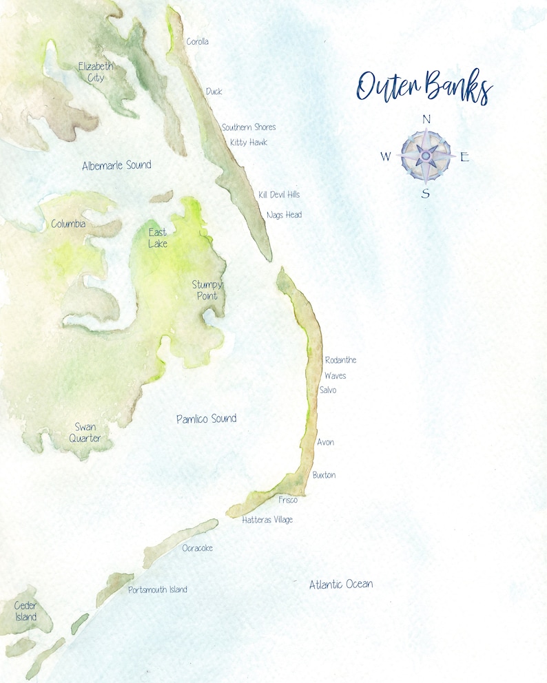 Outer Banks NC Watercolor Map - Etsy