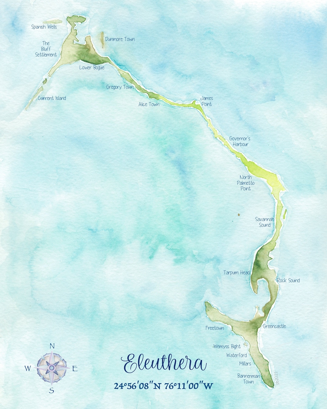 Eleuthera Bahamas Watercolor Map - Etsy