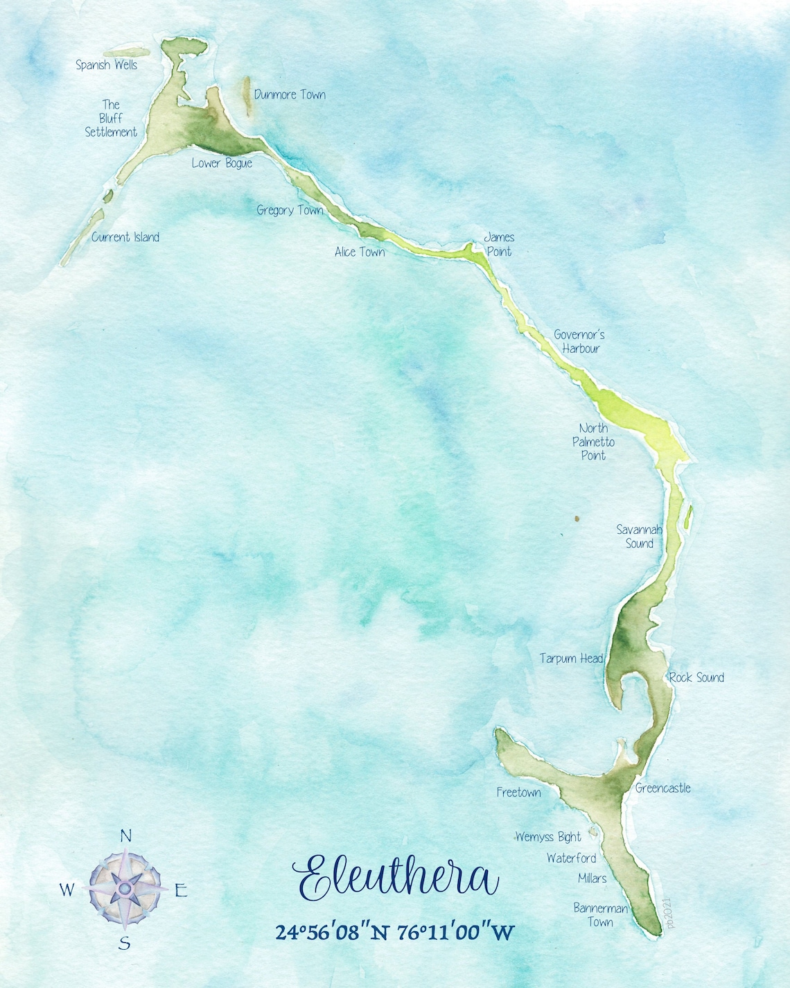Eleuthera Bahamas Watercolor Map - Etsy