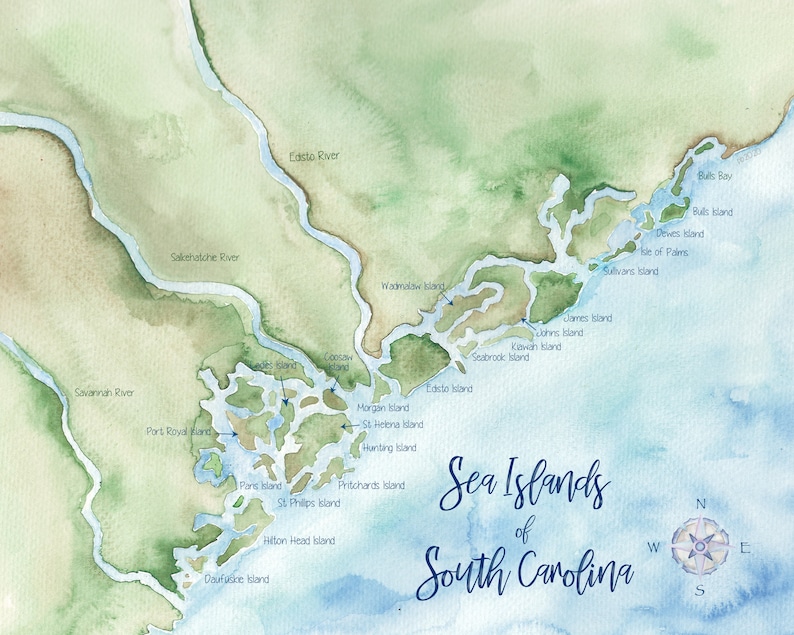 Sea Islands of South Carolina Watercolor Map - Etsy