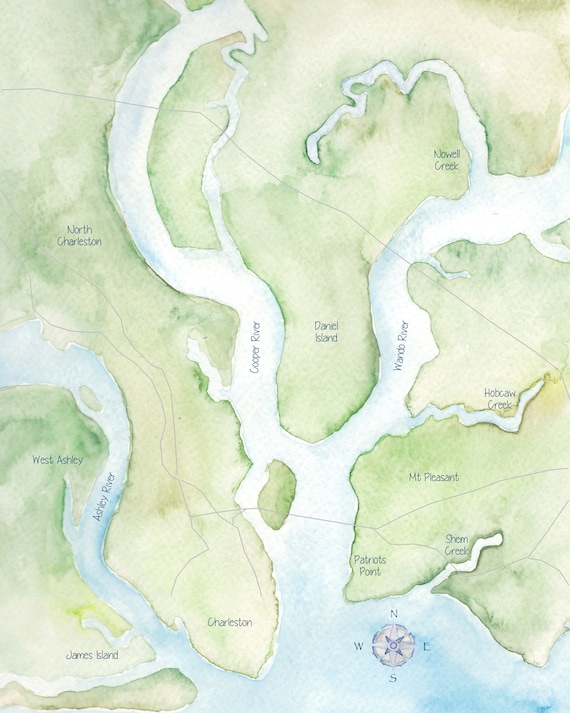 Daniel Island & Charleston Watercolor Map 8x10 | Etsy